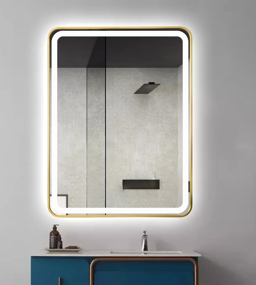Gold LED Mirror | Round Corner Mirror - Britocean Bathrooms